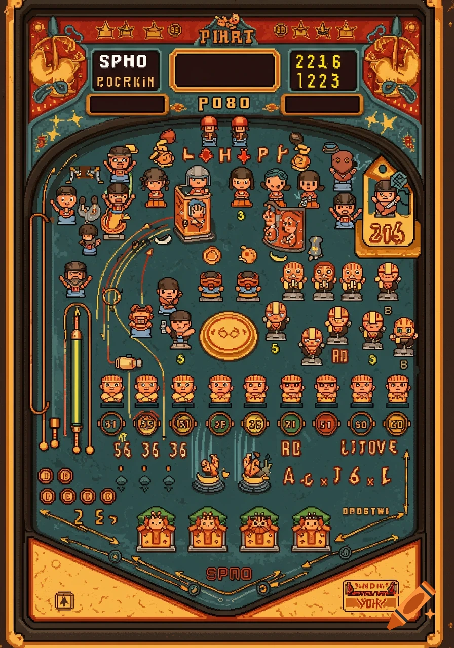 A detailed pixel art rendering of a vintage pinball machine with ...