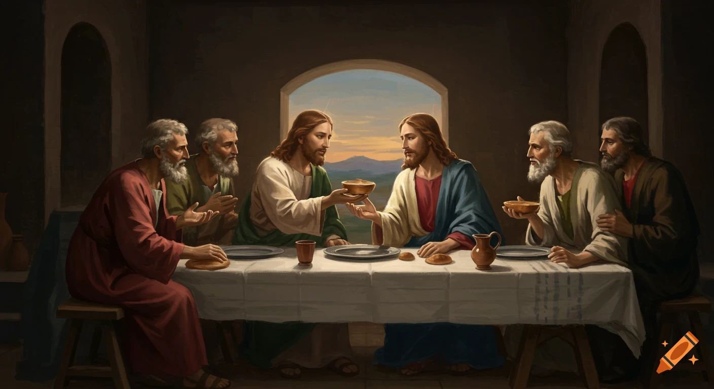 Painting of Jesus and disciples at the Last Supper table. on Craiyon