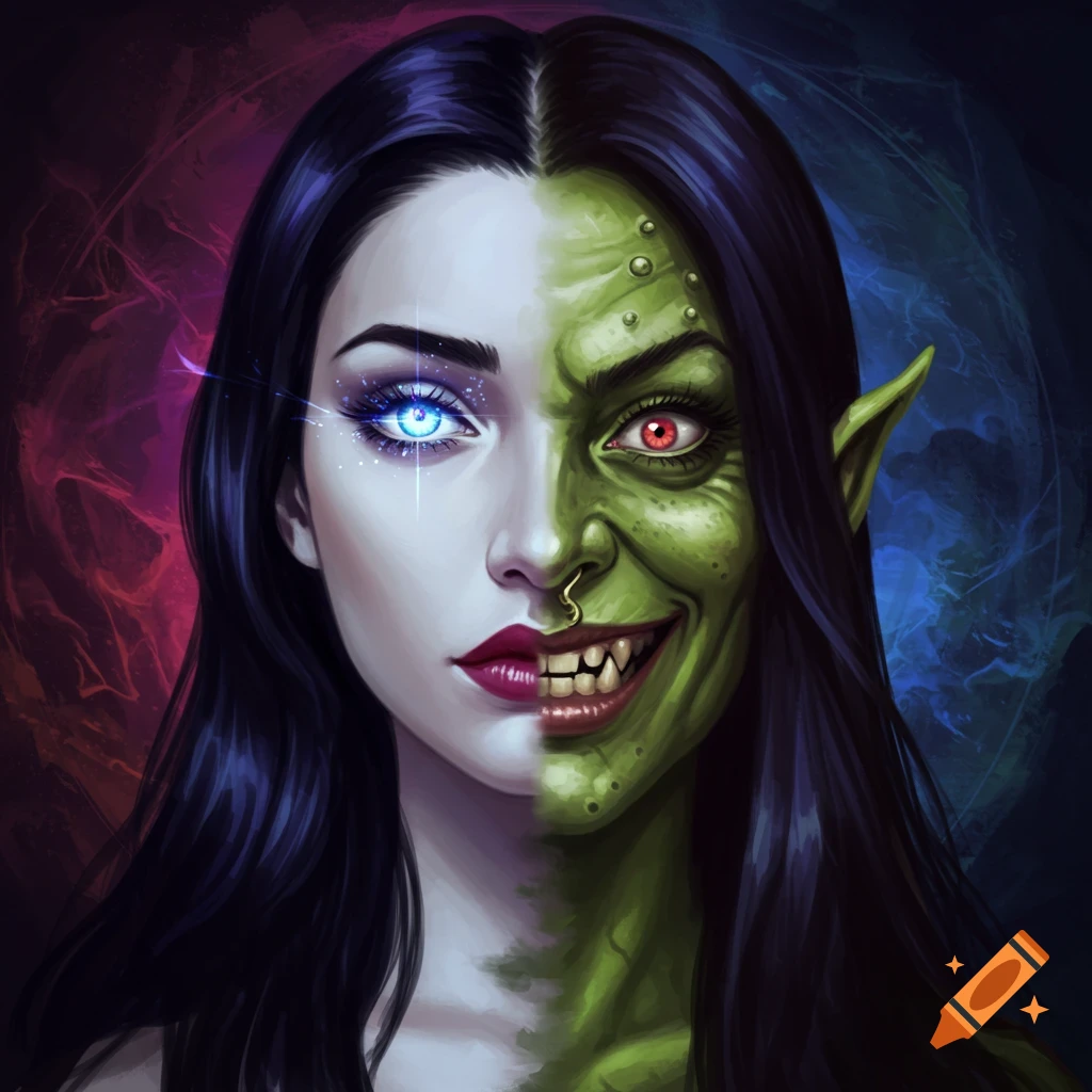 Digital painting of a face split in half: one side a beautiful woman ...