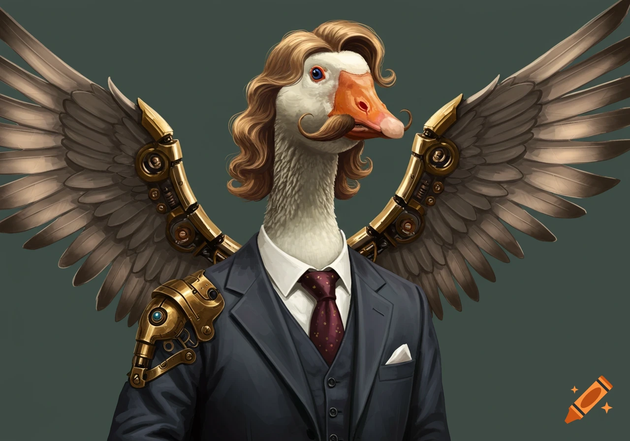 A goose in a suit with a mustache and mechanical wings. on Craiyon