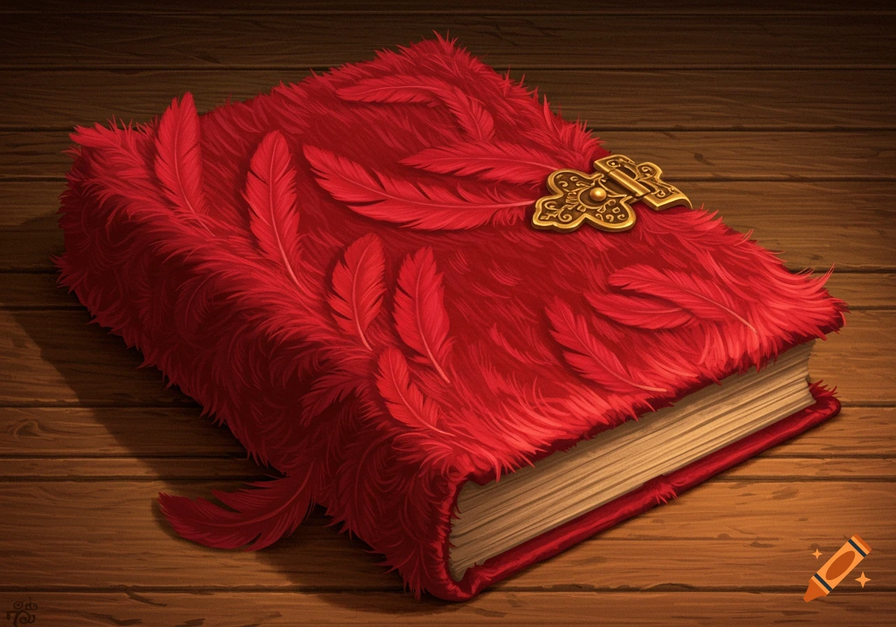 A book covered in red feathers with a golden clasp lies on a wooden ...