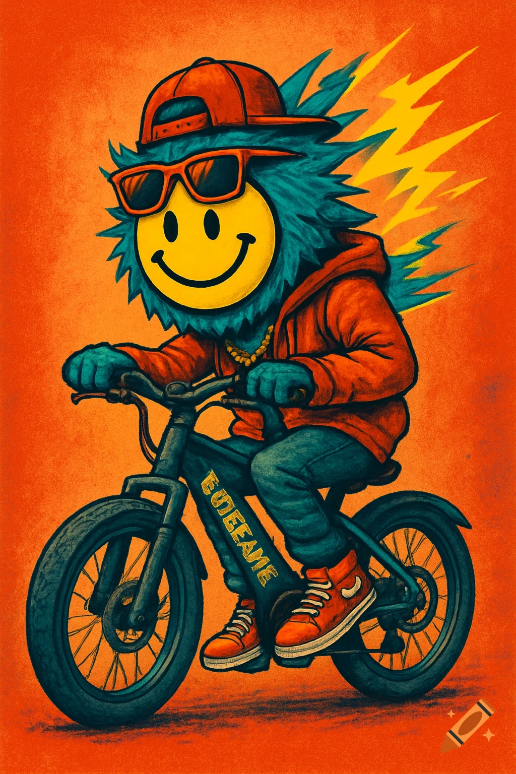 Cartoon character with smiley face rides an ebike in graphic street art ...