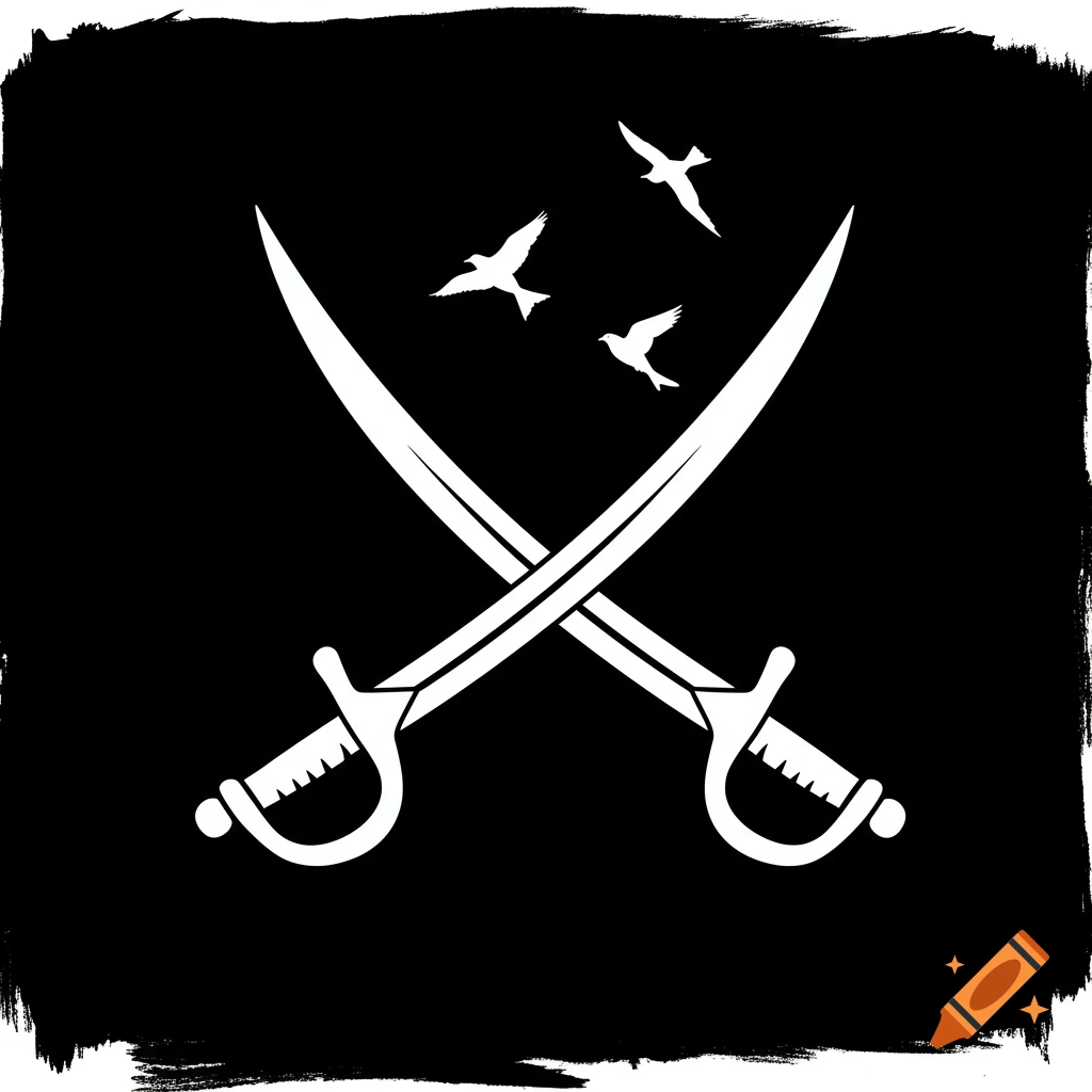A pirate flag with crossed swords and three white birds on a black ...