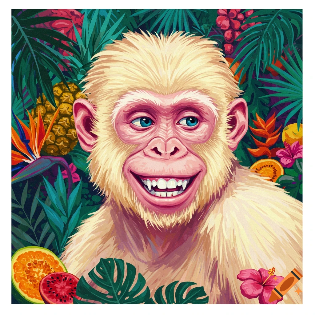 A smiling light-colored monkey surrounded by tropical plants, fruits ...
