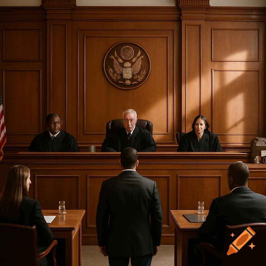 Judges sit on a bench overlooking people in a courtroom. on Craiyon