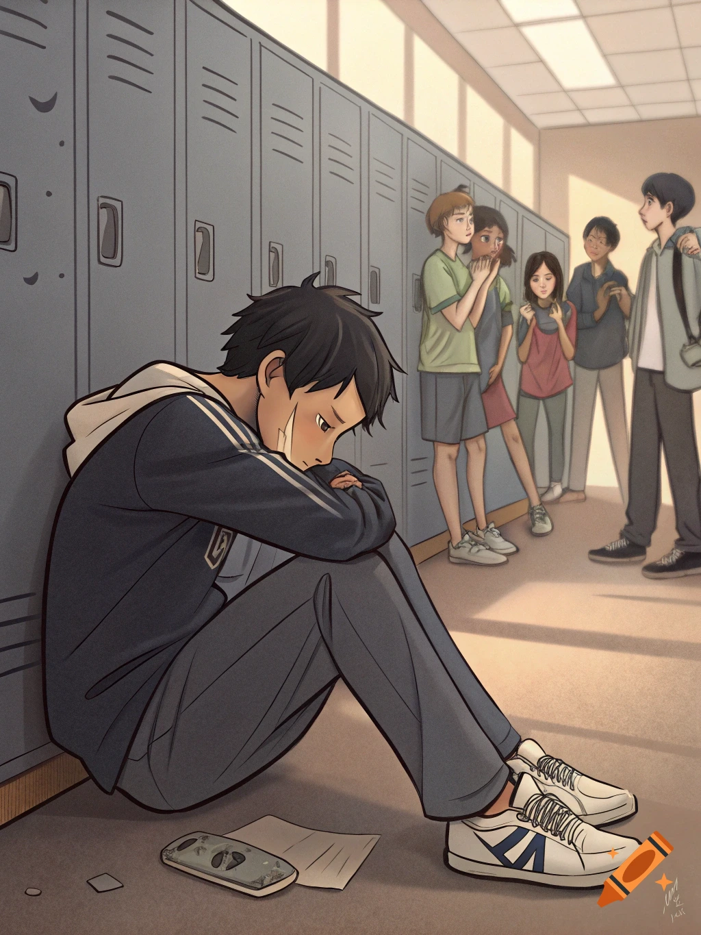 An anime illustration of a distressed boy sitting alone by lockers ...