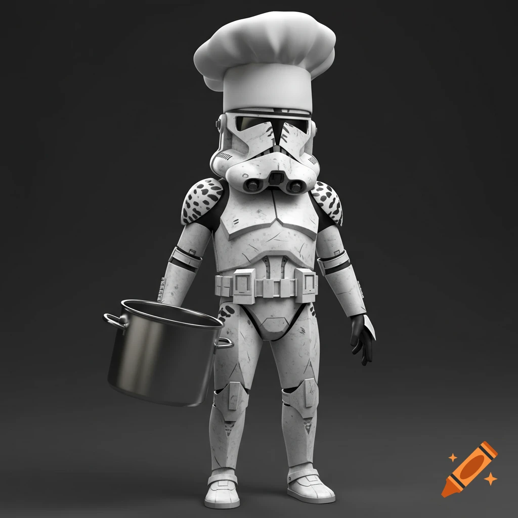 A 3D render of a clone trooper wearing a chef hat and holding a metal ...