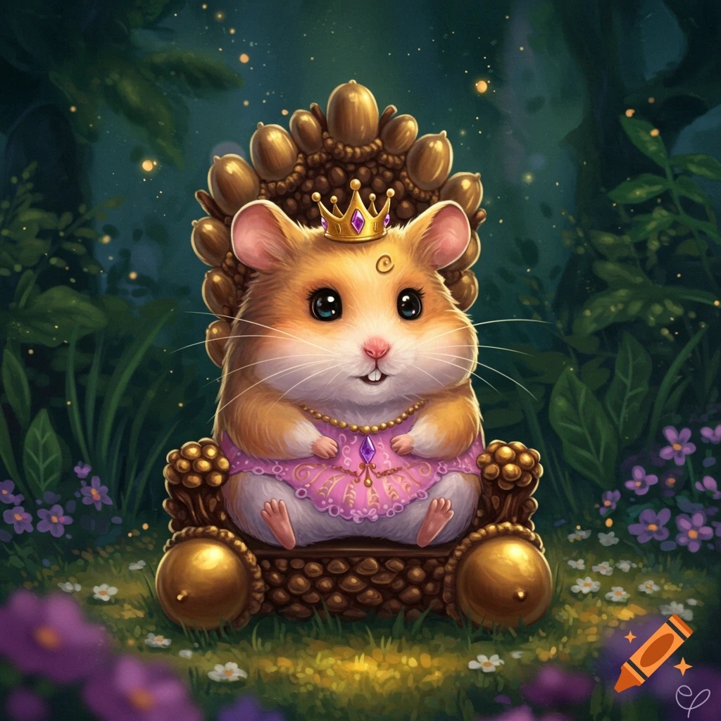Cute hamster princess on a golden throne in a forest. on Craiyon