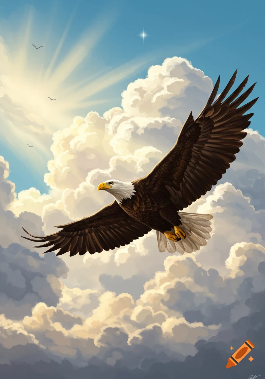Majestic bald eagle soaring through sunlit clouds on Craiyon