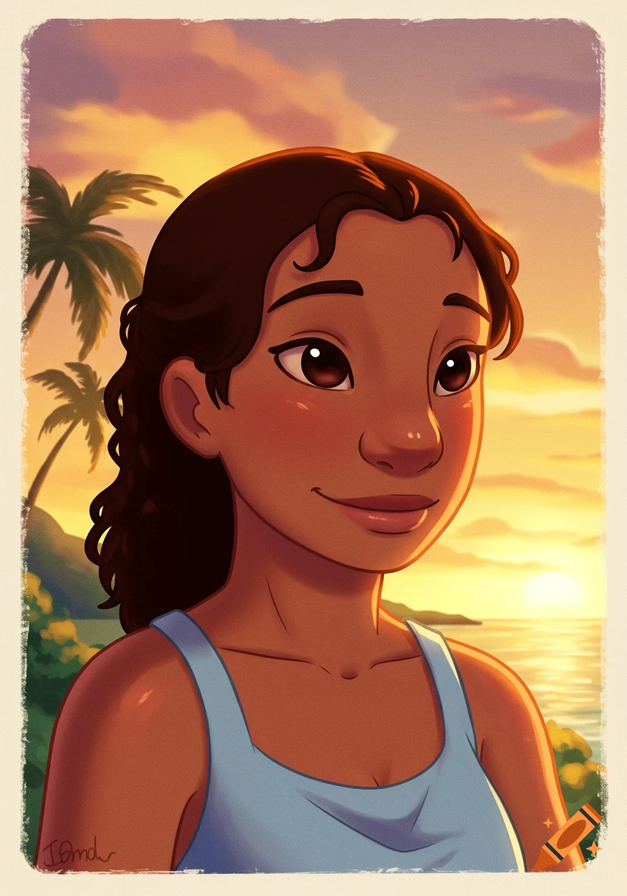Cartoon portrait of a young woman resembling Nani from Lilo & Stitch ...