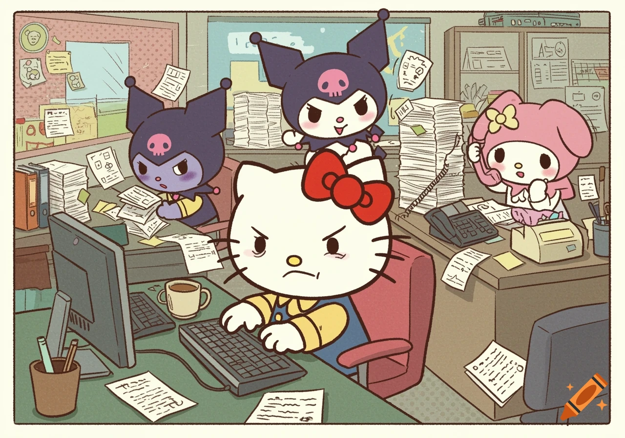 Hello Kitty, Kuromi, and My Melody look stressed in a messy office ...