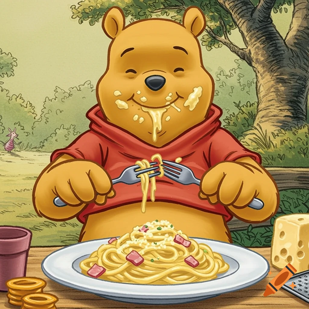 Winnie the Pooh eats spaghetti carbonara at a table outdoors in cartoon ...