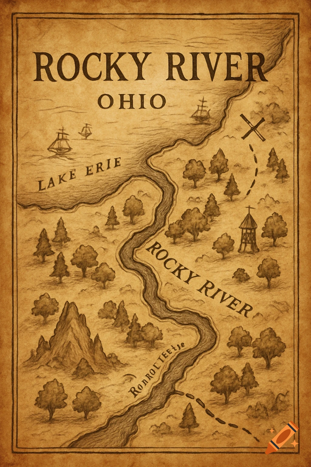 Hand-drawn style treasure map showing Rocky River, Ohio, Lake Erie, and ...