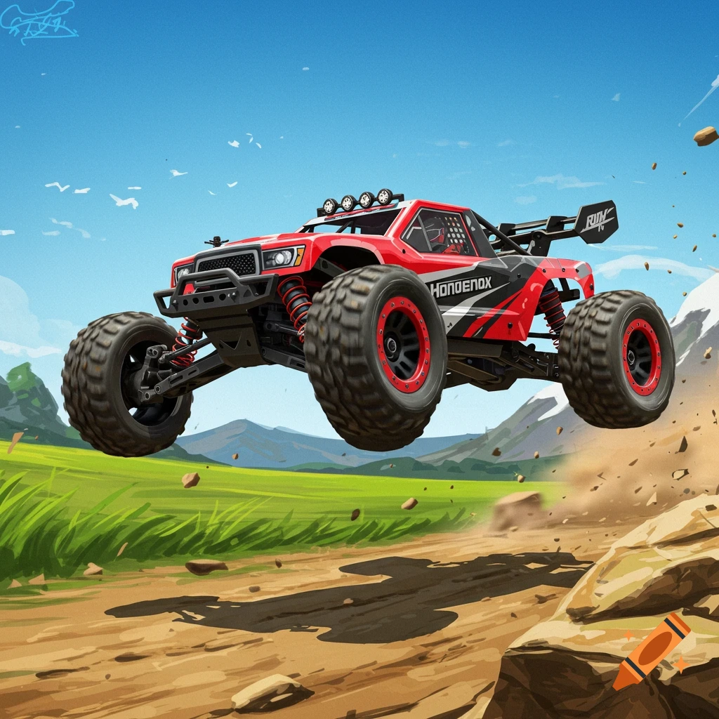 Red RC buggy jumping over a dirt track with mountains in the background ...