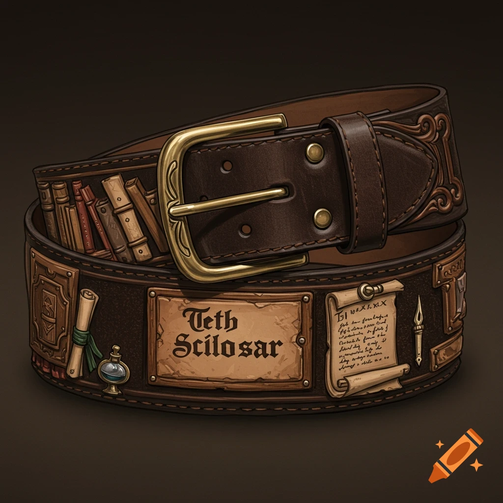 Leather belt decorated with books, scrolls, and writing tools in a ...