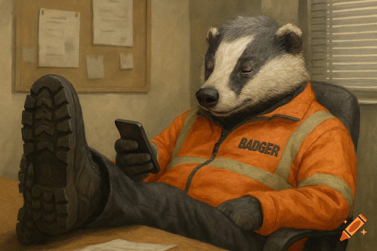 Anthropomorphic badger in an office chair with feet on desk, wearing an ...