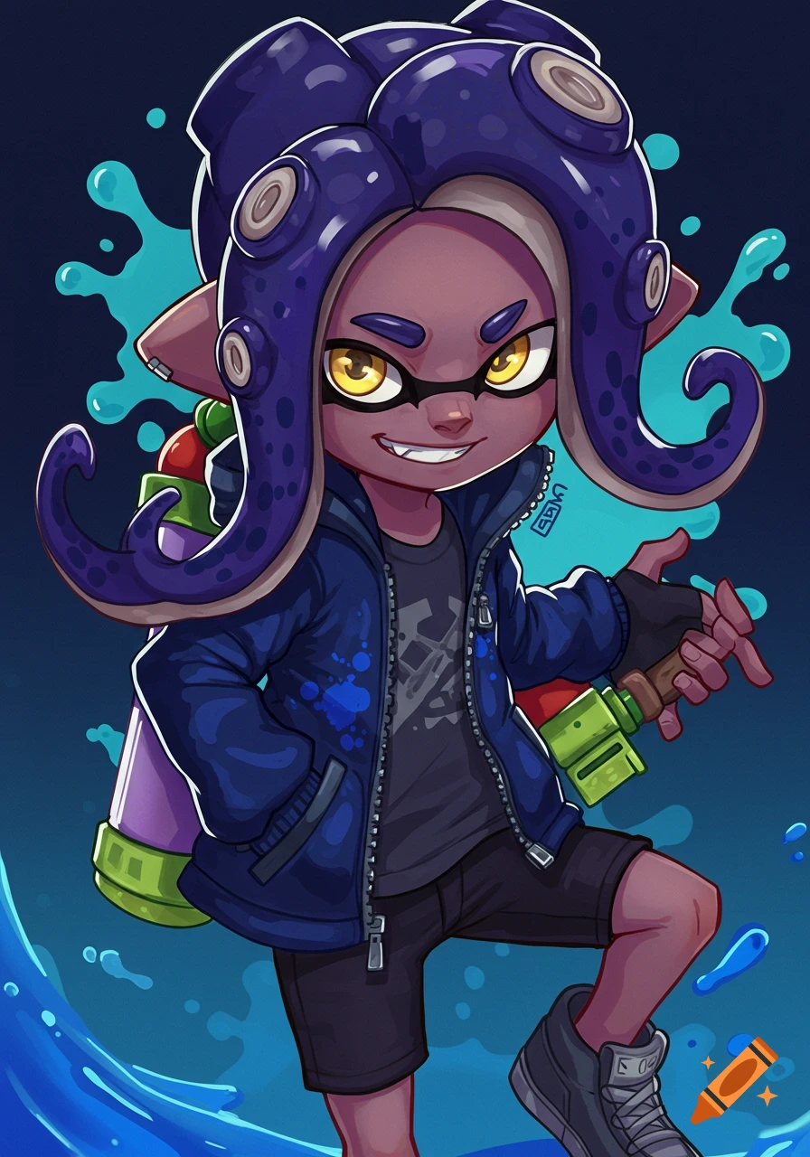 Cartoon drawing of an Octoling from Splatoon in a jacket holding a ...
