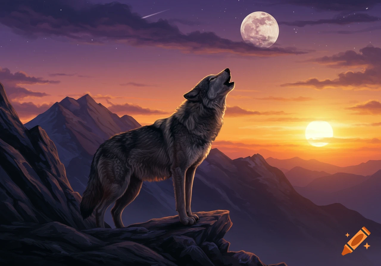 Wolf howling on a rocky cliff at sunset with the moon visible over mountains. on Craiyon