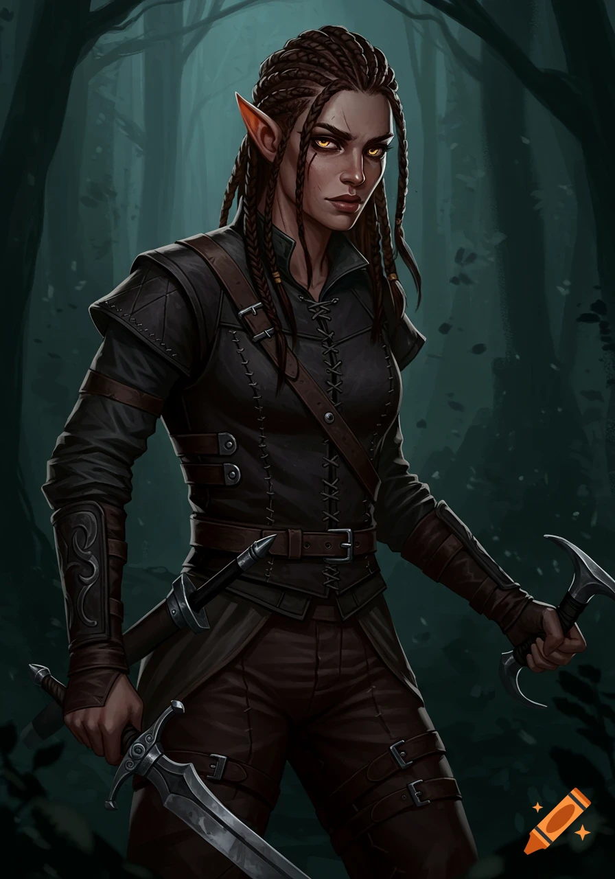 Fantasy illustration of a female elf warrior in dark armor holding ...