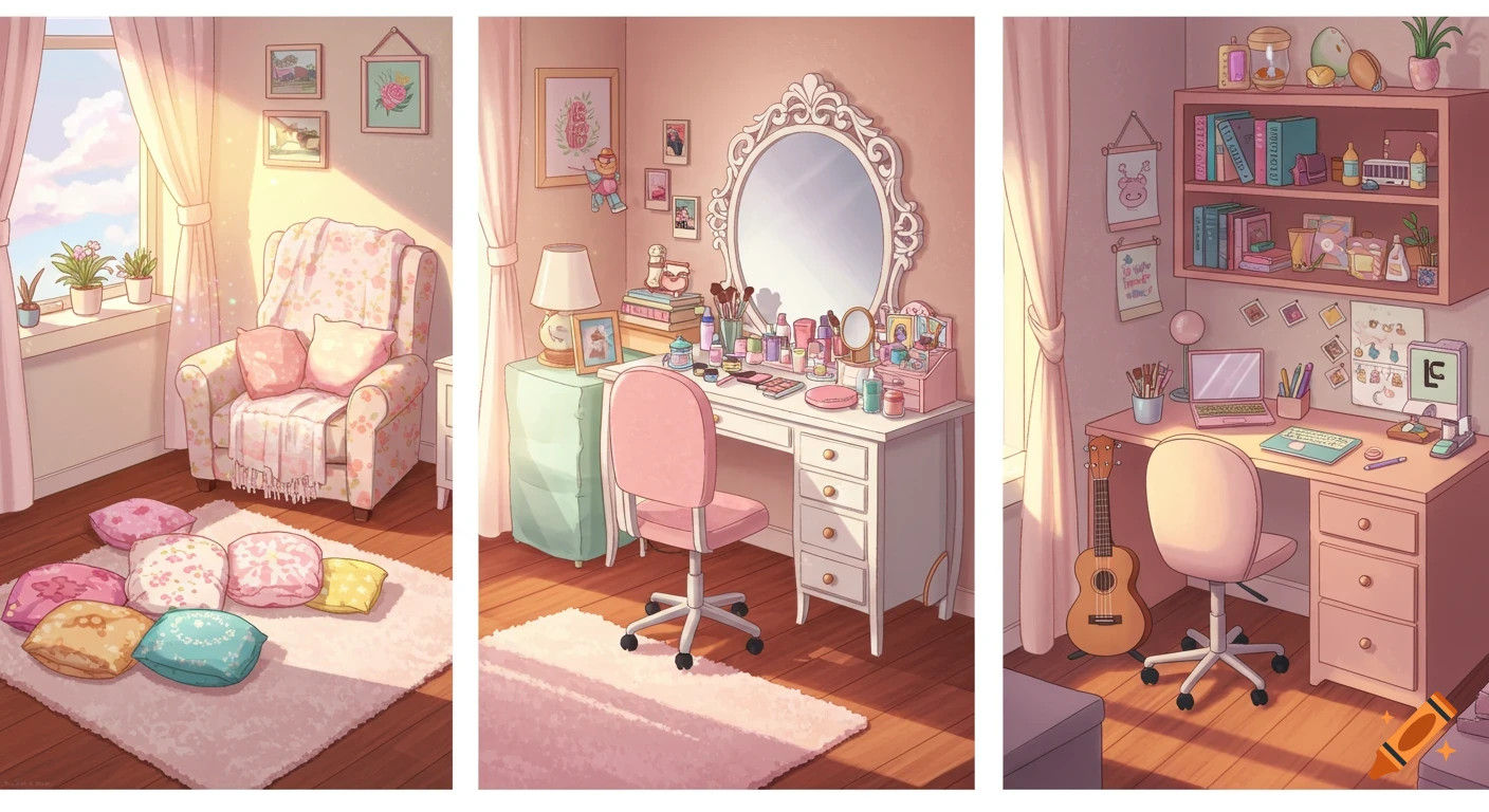 Girly teen bedroom in three panels: a seating area, vanity, and study ...