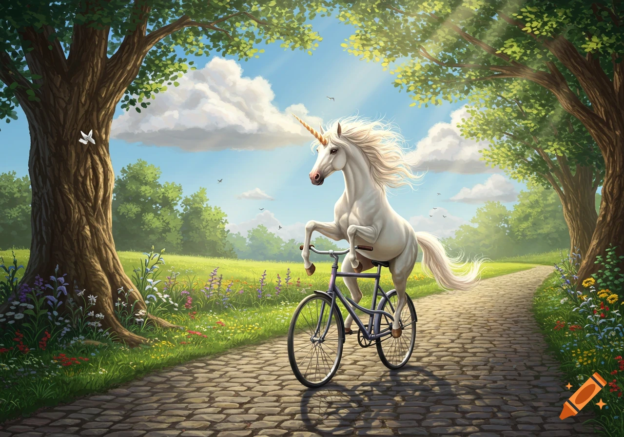 A white unicorn rides a bicycle on a cobblestone path through a sunlit ...