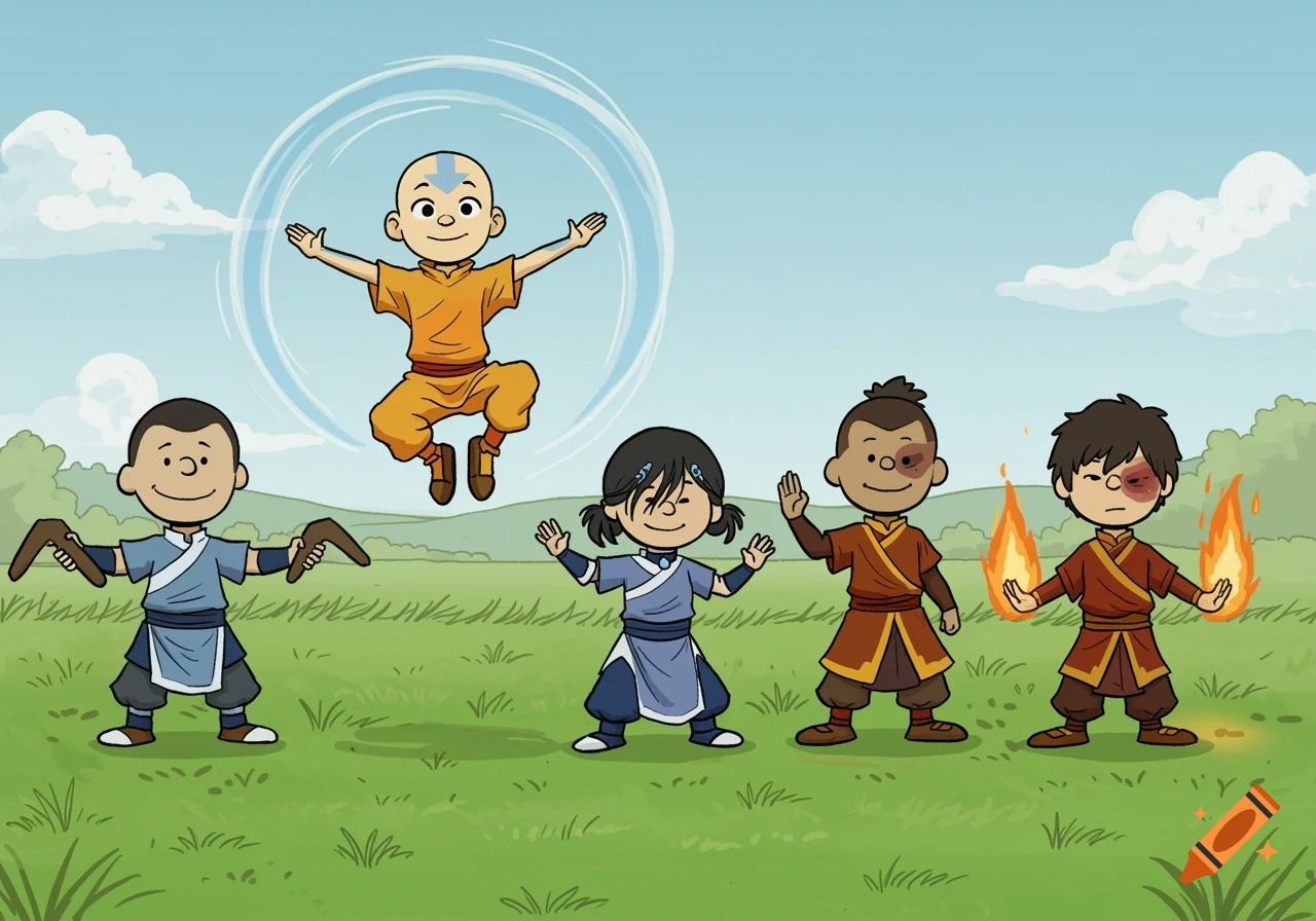 Cartoon characters resembling Team Avatar in Peanuts style, practicing ...