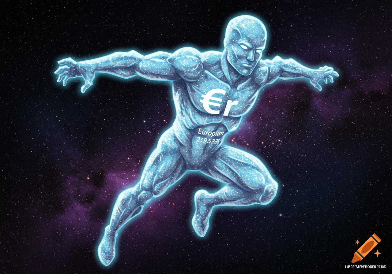 A glowing, sparkling superhero figure flying in space with a Euro ...