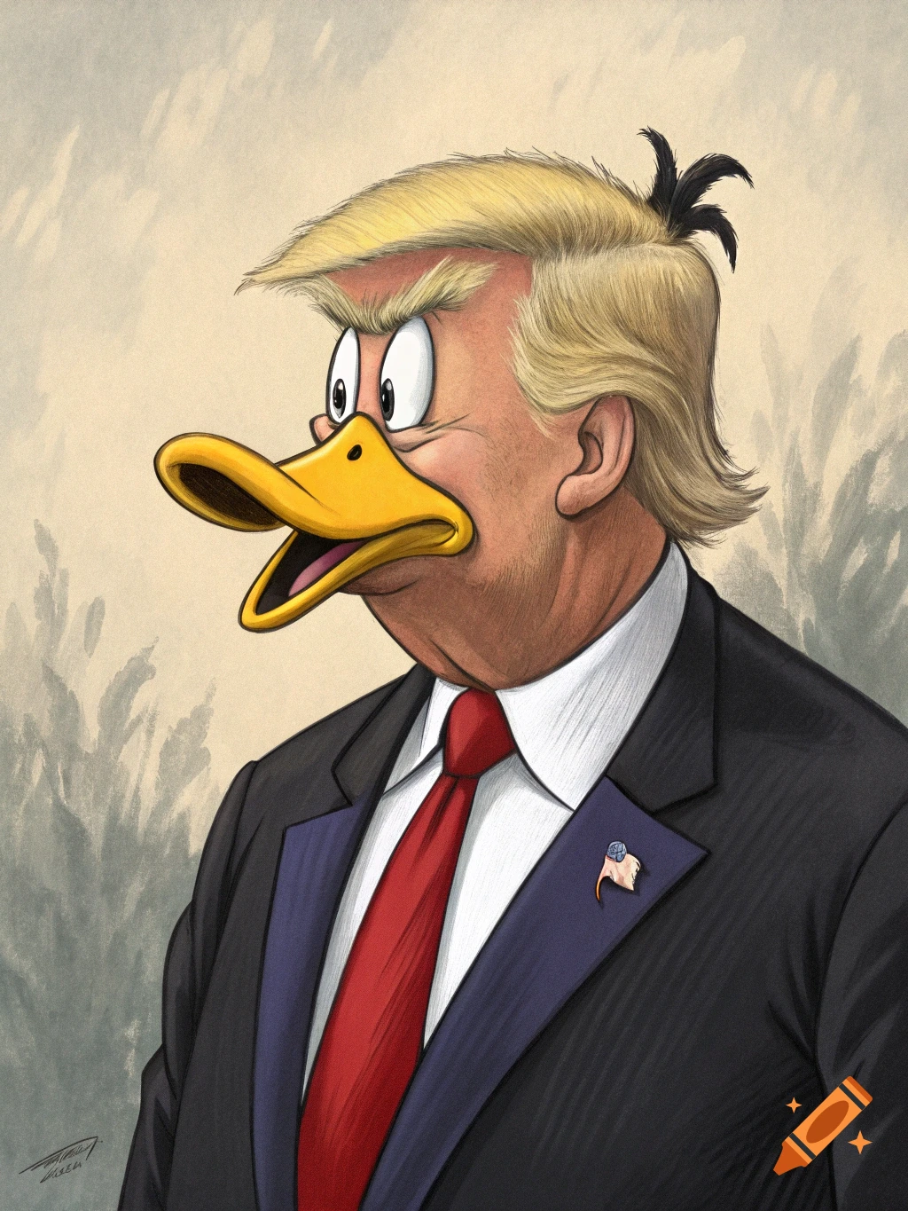 Cartoon caricature of Donald Trump with a large yellow duck bill and ...