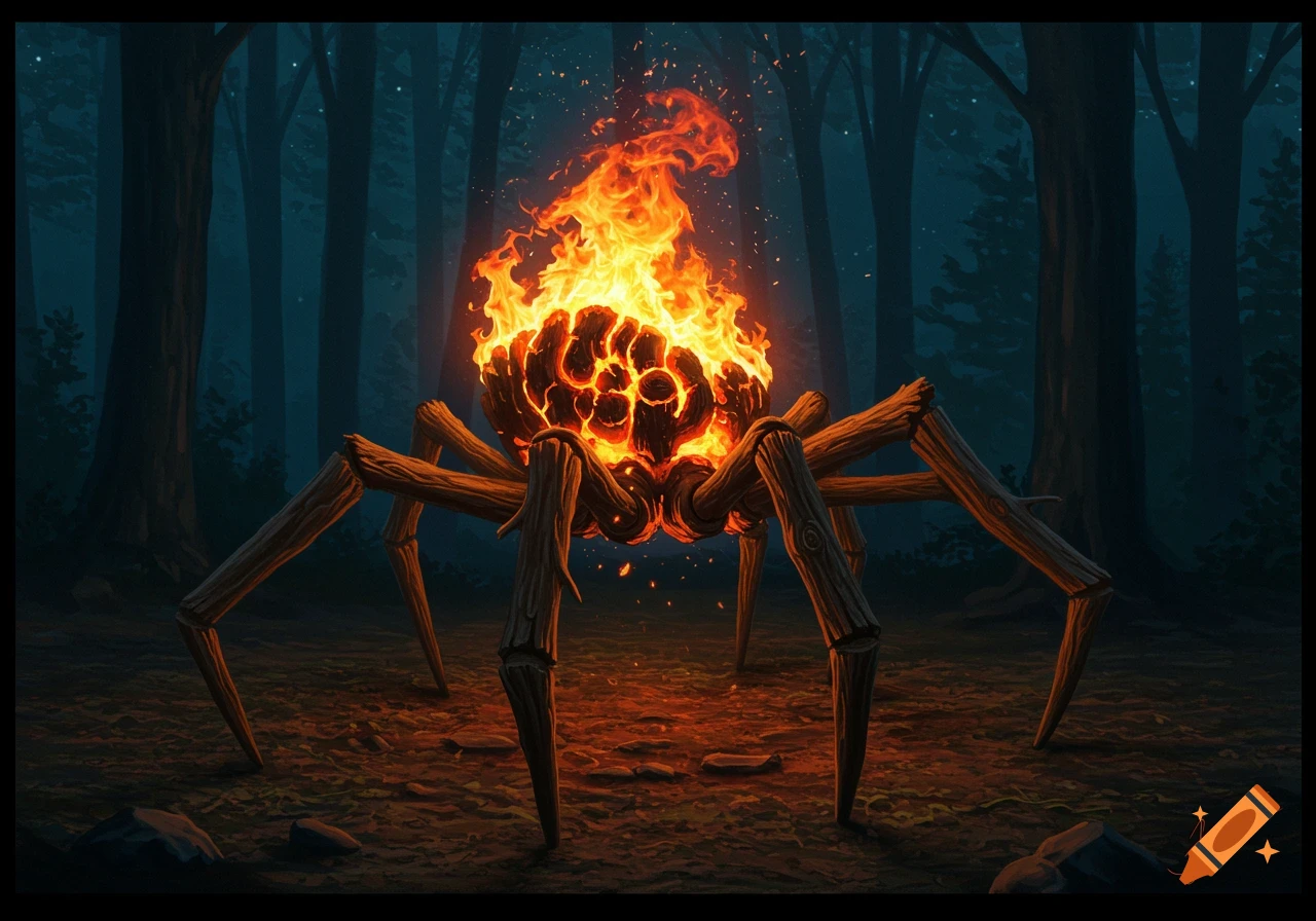 A creature resembling a spider made of wooden logs with a body of ...