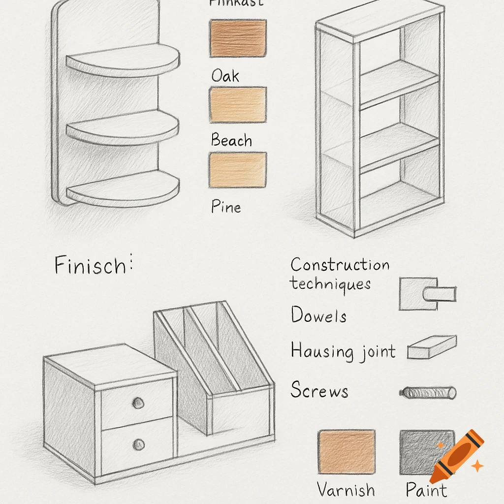 Sketch illustration showing furniture designs, wood samples ...