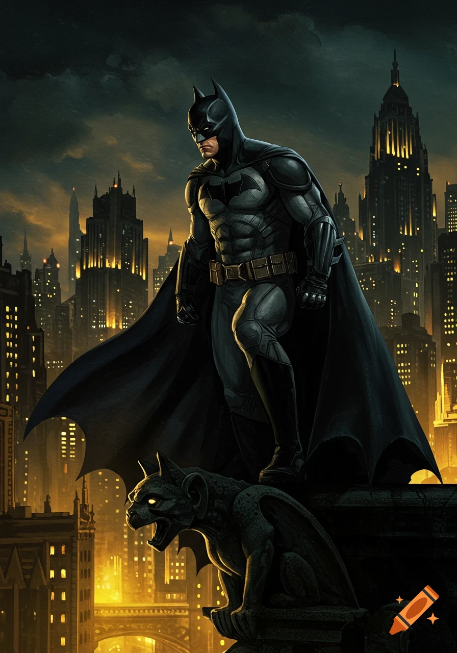 Batman stands on a gargoyle overlooking a dark cityscape, comic art ...