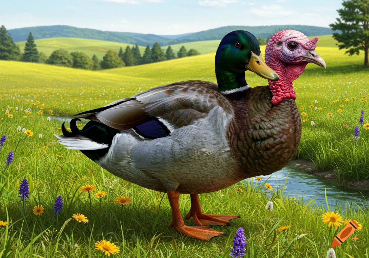 A duck's body with a turkey's head stands in a sunny meadow near a ...
