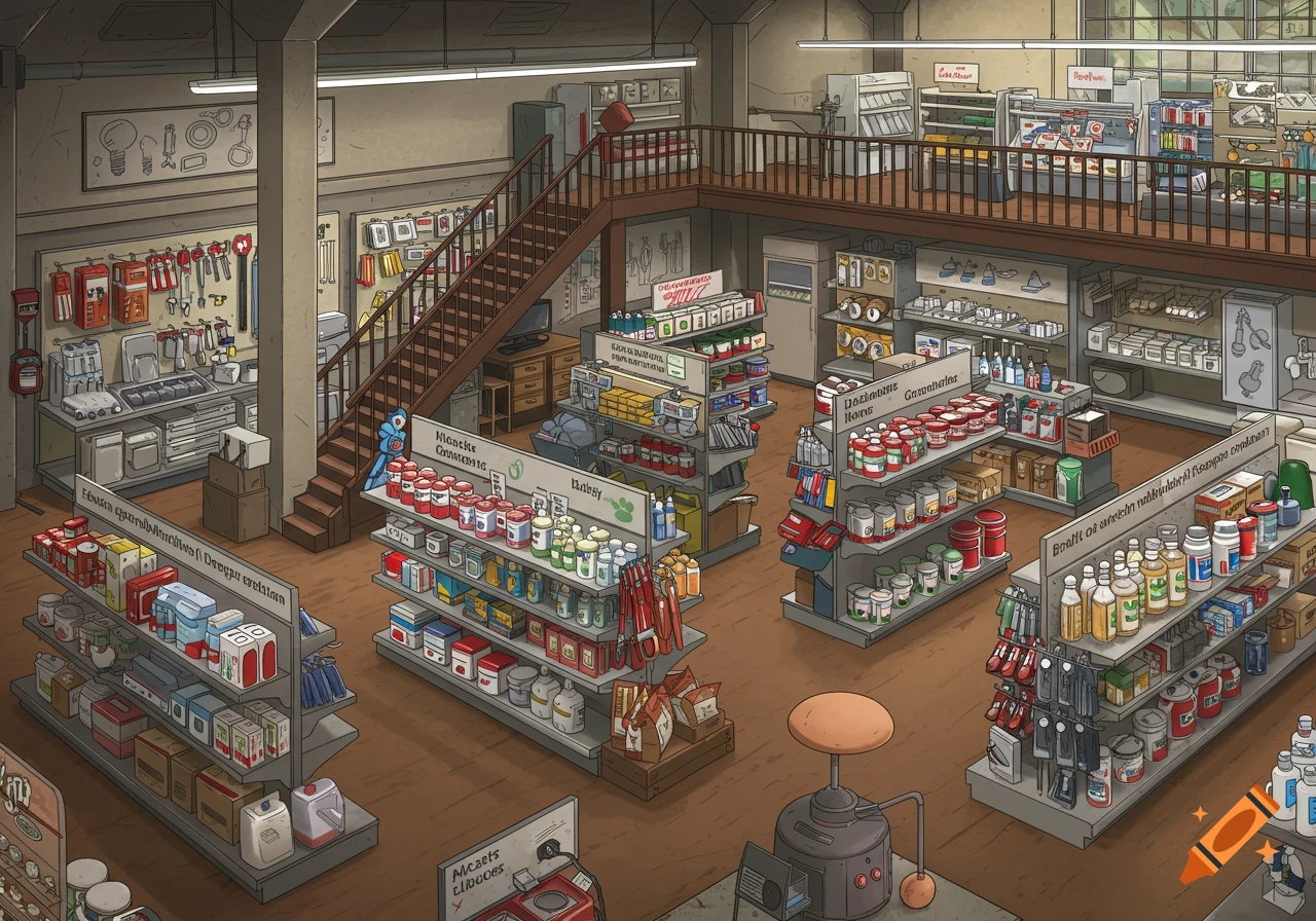 Illustrated interior of a multi-level hardware store with shelves ...