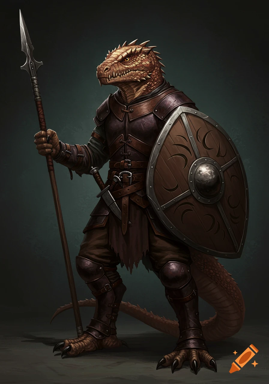 A fantasy illustration of a humanoid lizard warrior holding a spear and ...