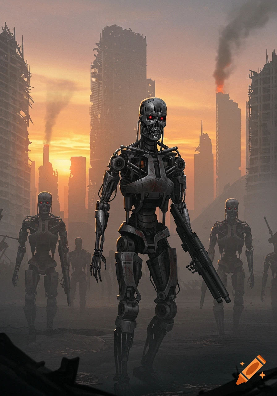 Terminator robots stand in a destroyed city at sunset. on Craiyon