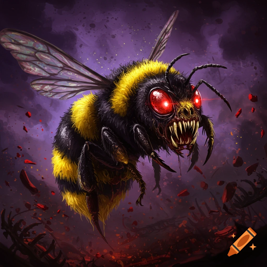 Monstrous bumble bee with red eyes and fangs flying in a dark, dramatic ...