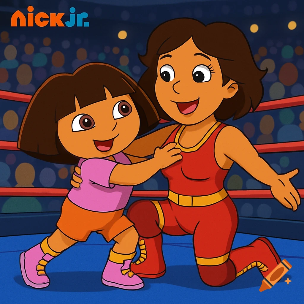 Dora the Explorer wrestles an adult woman in a wrestling ring, cartoon ...
