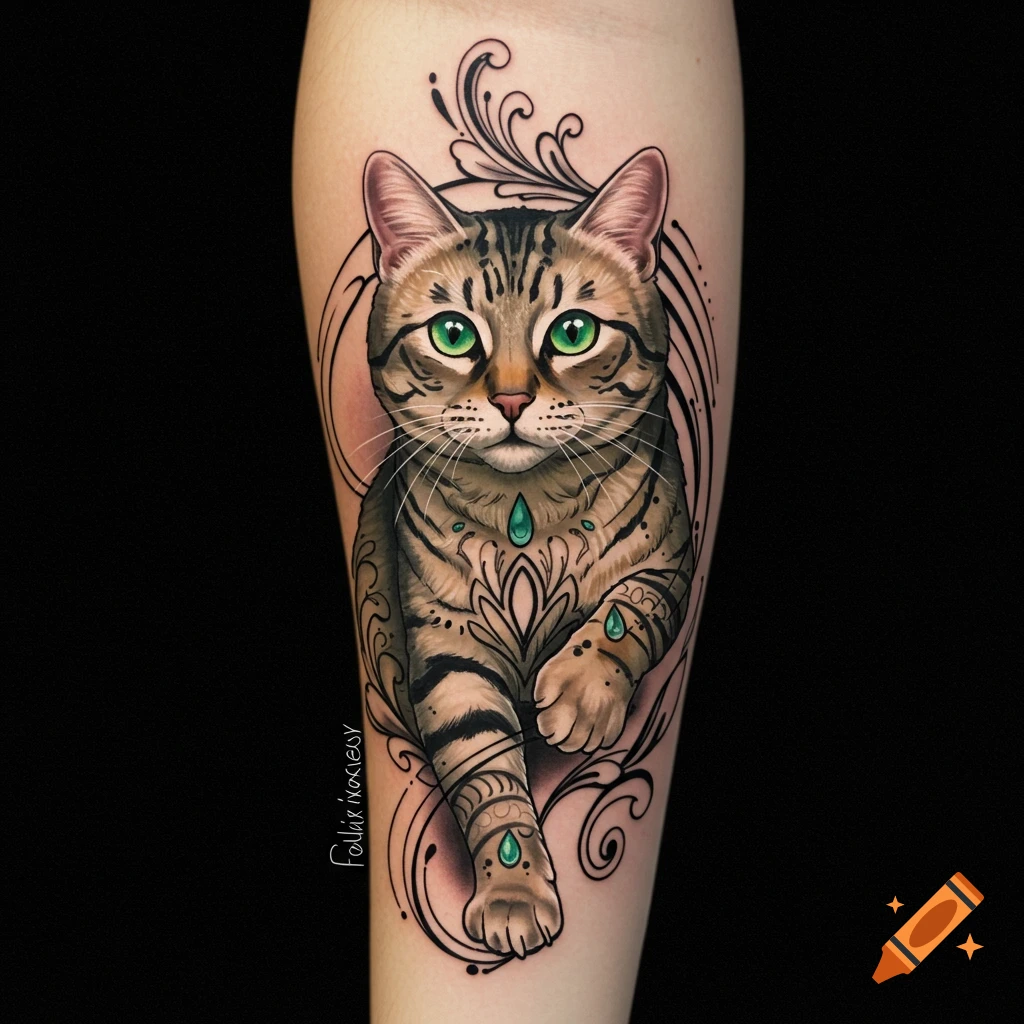A detailed tattoo of a tabby cat with green eyes and decorative ...