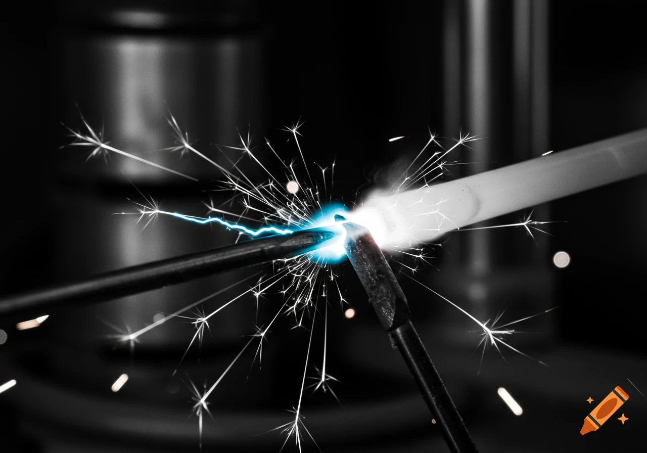 Close-up of sparks flying between two metal rods with blue energy. on ...