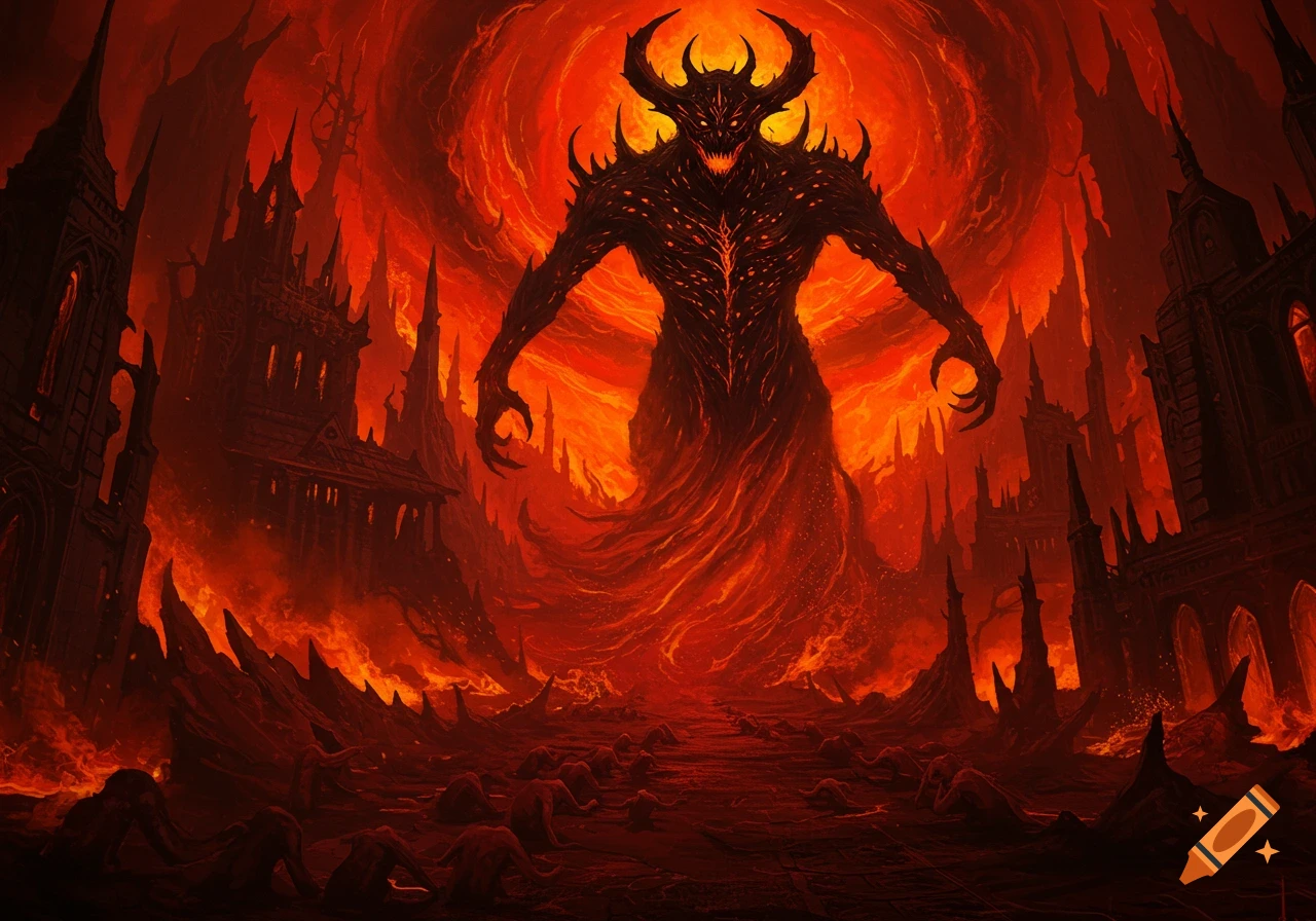 A large demon stands over a fiery hellscape with spires and figures on ...