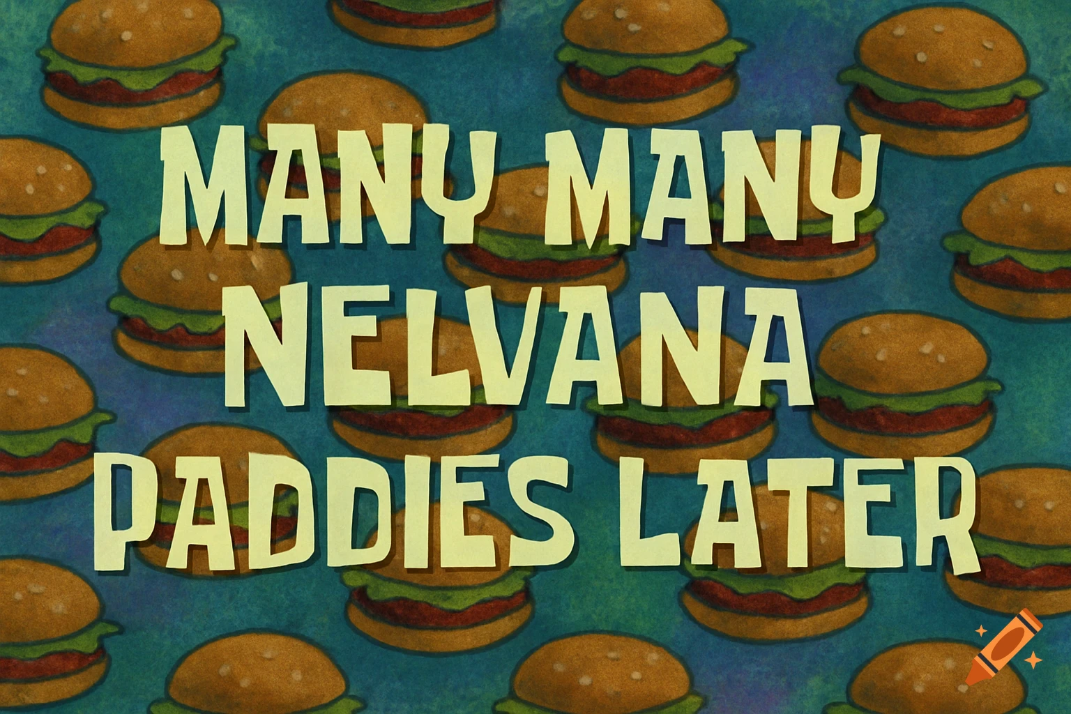 SpongeBob time card style image with hamburgers and the text 'MANY MANY NELVANA PADDIES LATER ...