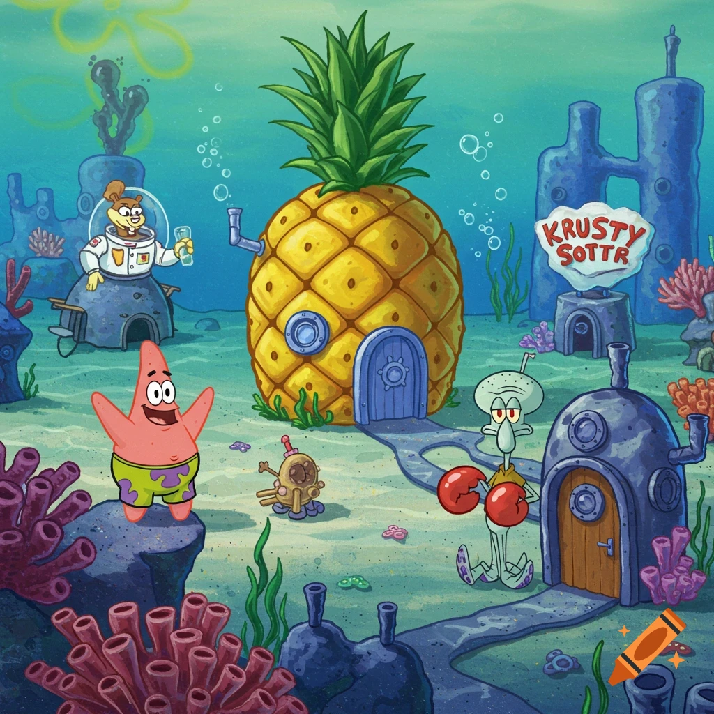 Cartoon underwater scene with Spongebob characters Patrick, Sandy, and Squidward outside houses ...