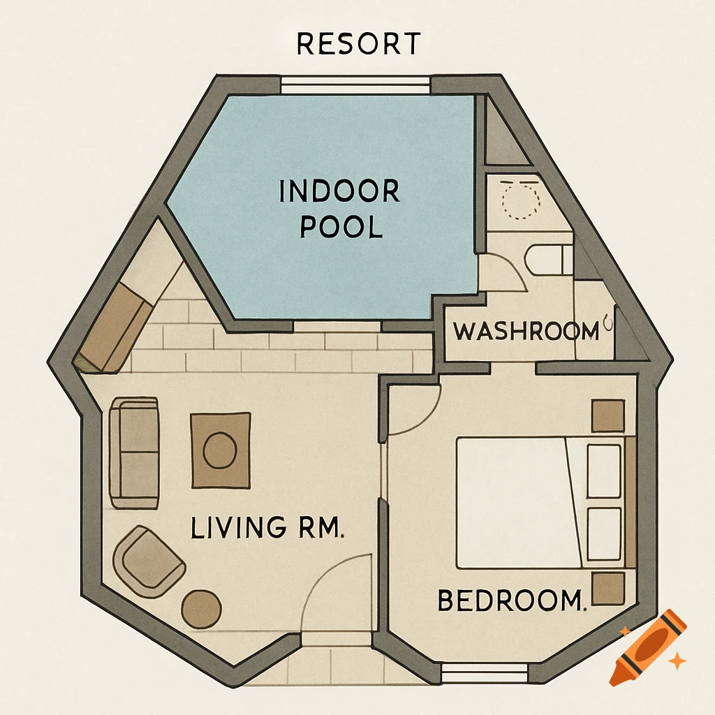 Floor plan of a hexagonal resort building with indoor pool, washroom, living room, and bedroom ...