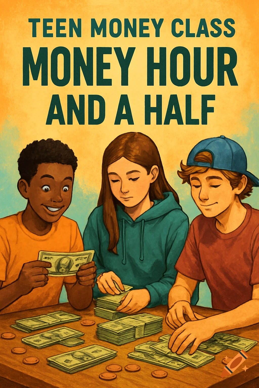 Illustration of teenagers counting stacks of money on a table, with large text reading 'Teen ...