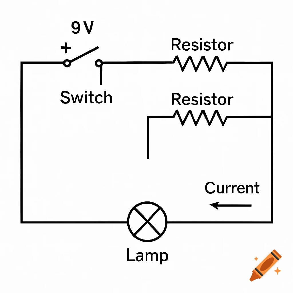 Diagram of a simple electrical circuit with a 9V battery, switch, two ...