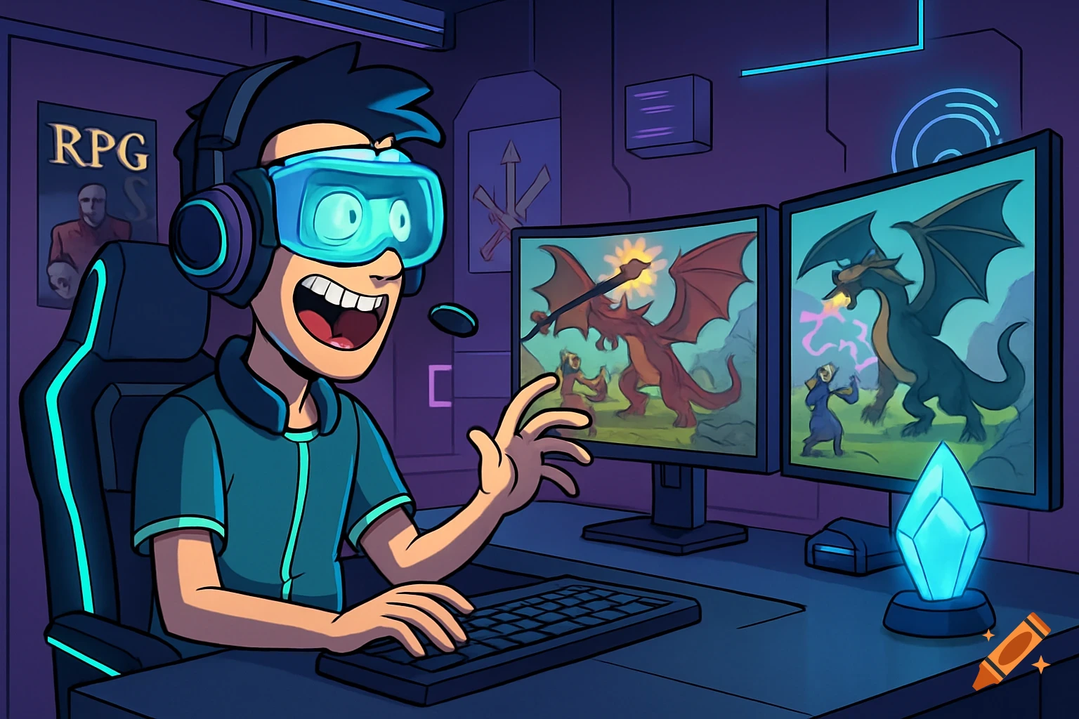 Cartoon gamer with VR headset plays RPG on multiple monitors in a ...