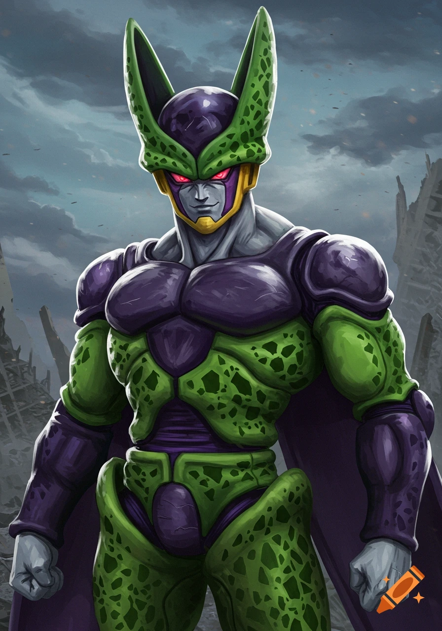 Cell from Dragon Ball Z stands powerfully in a ruined landscape, anime ...