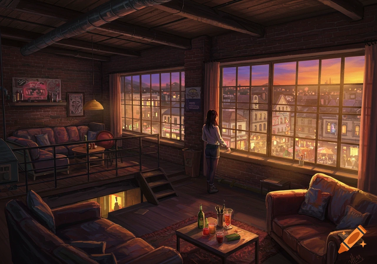 A woman stands by large windows in a warm loft apartment overlooking a busy street at sunset. on ...