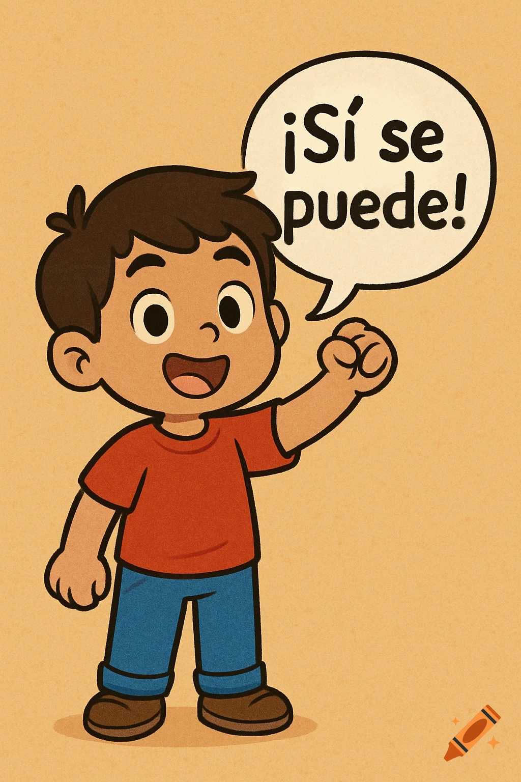Cartoon boy in red shirt and blue pants saying 'Si se puede!' in a ...