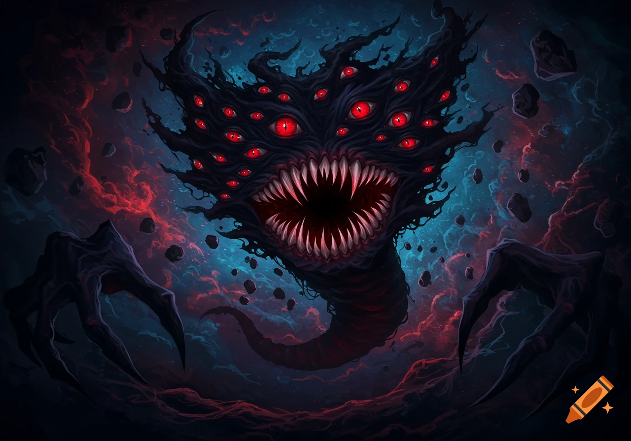 A monstrous creature with many red eyes and sharp teeth emerges from dark cosmic clouds. on Craiyon